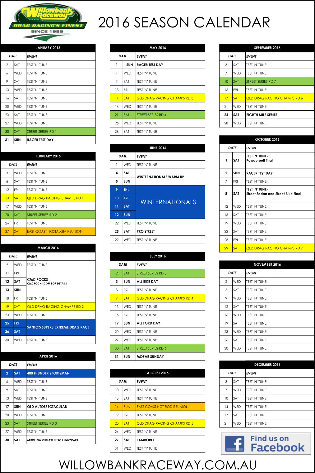 Willowbank Raceway releases 2016 calendar - Drag News Magazine